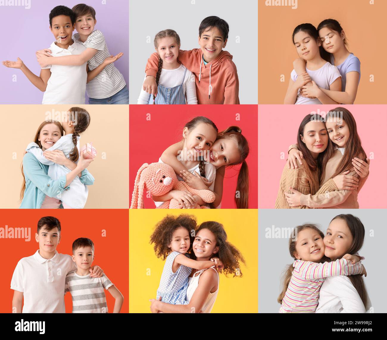Collage of hugging people on color background Stock Photo - Alamy