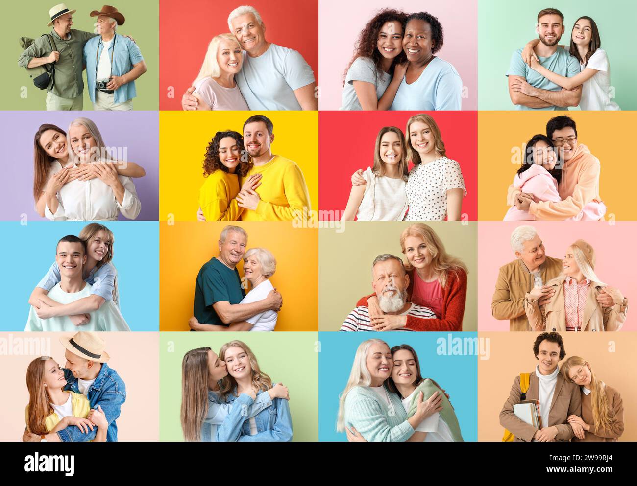 Collage of hugging people on color background Stock Photo - Alamy