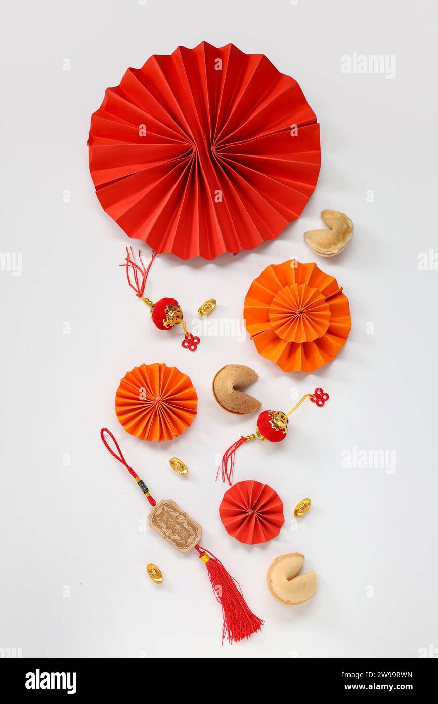 Chinese symbols and fortune cookies on white background. New Year ...