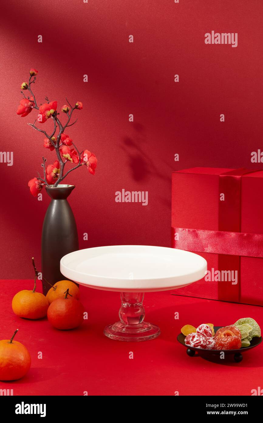 A ceramic plate is placed on a glass pedestal - a space for product ...