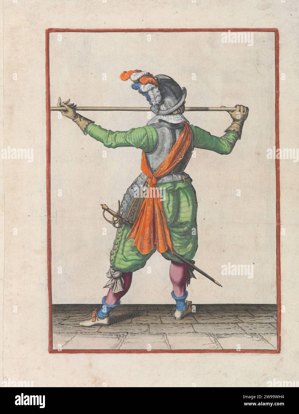 Soldier, seen on the back, who carries his skewers with both hands ...