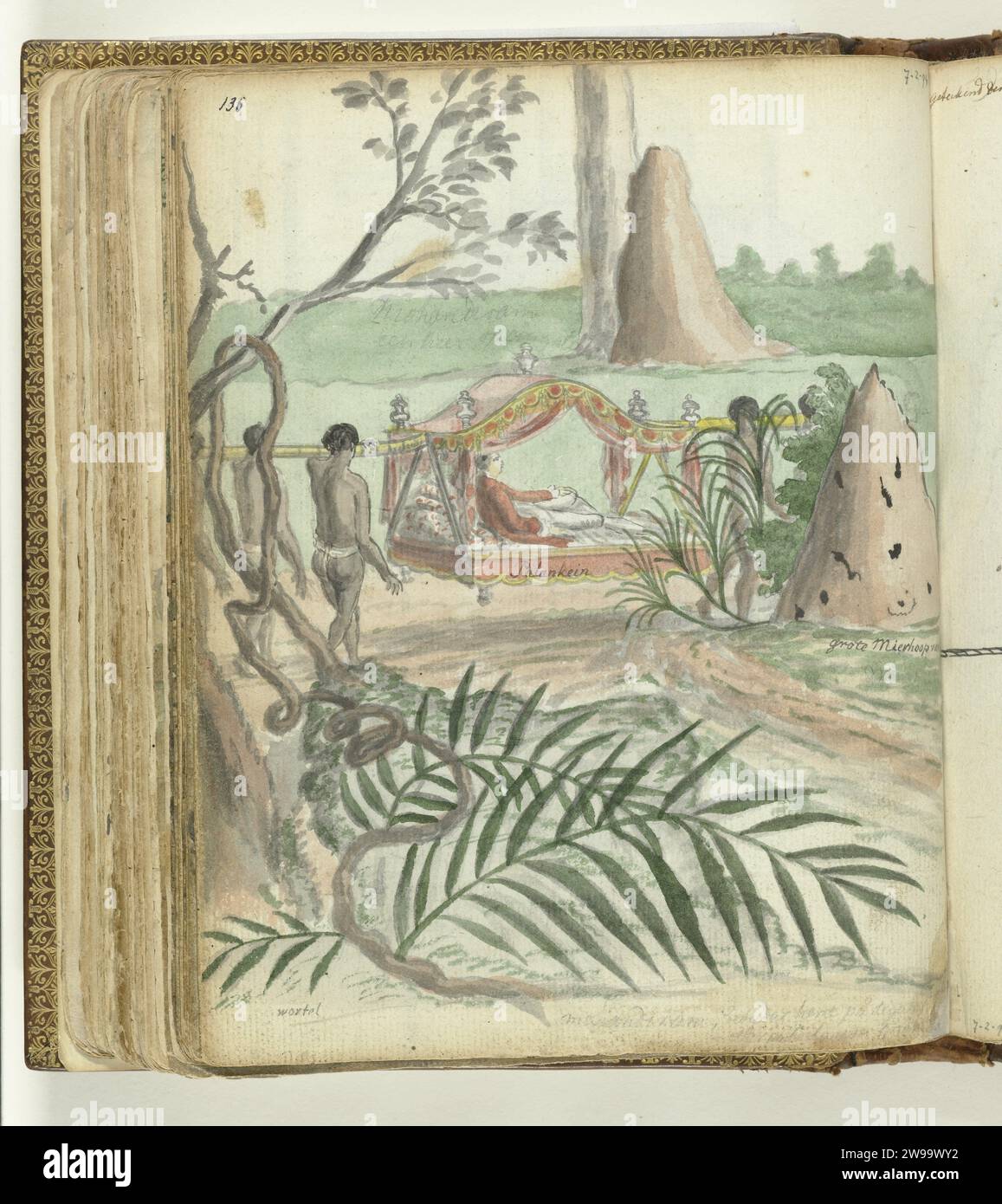 Palankine with carriers, Jan Brandes, 1785 drawing Color drawing of a ...