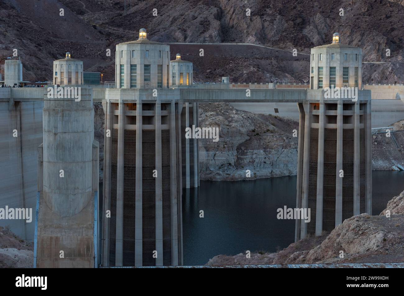 Hoover Dam intake towers and Lake Meade reservoir shown in late ...