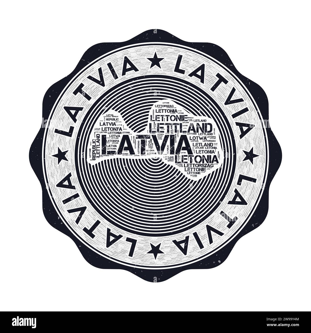 Latvia seal. Country round logo with shape of Latvia and country name in multiple languages word ...