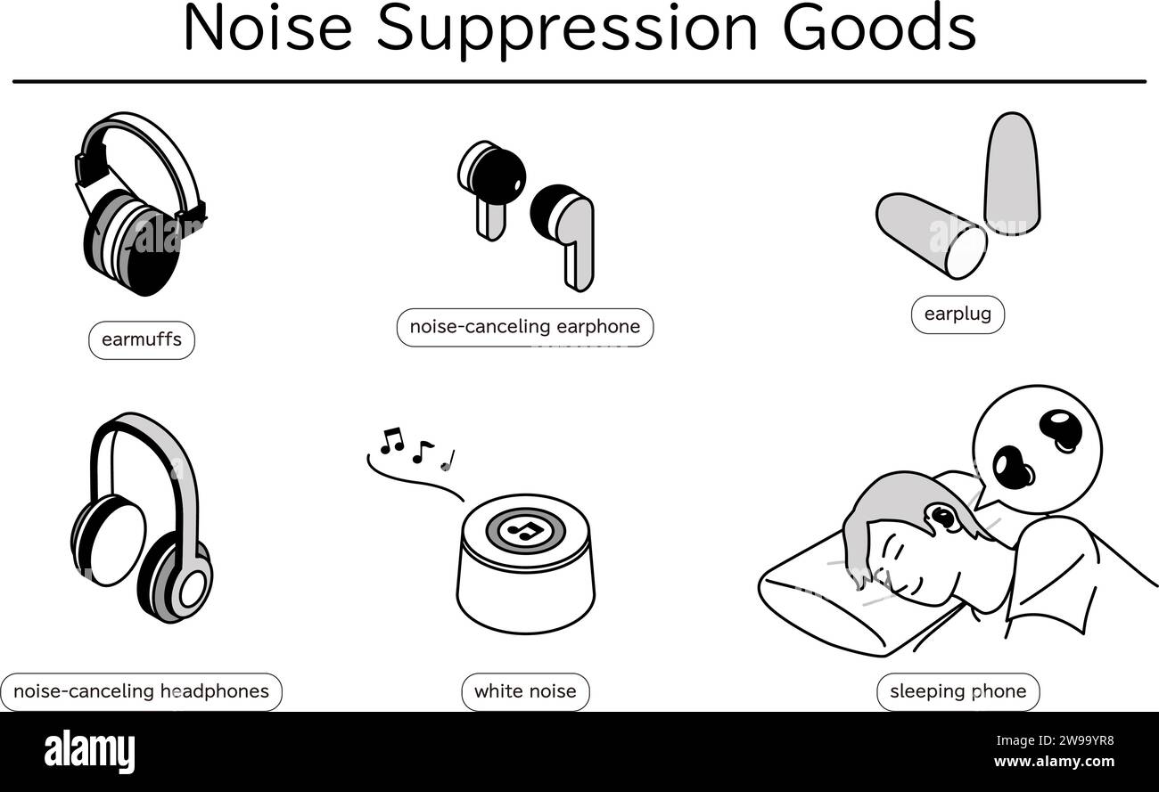 Illustrated set of user-friendly noise-reducing products, Vector ...