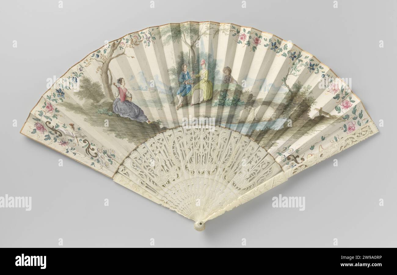 Folding fans painted with a landscape on ajour cut frame of ivory ...