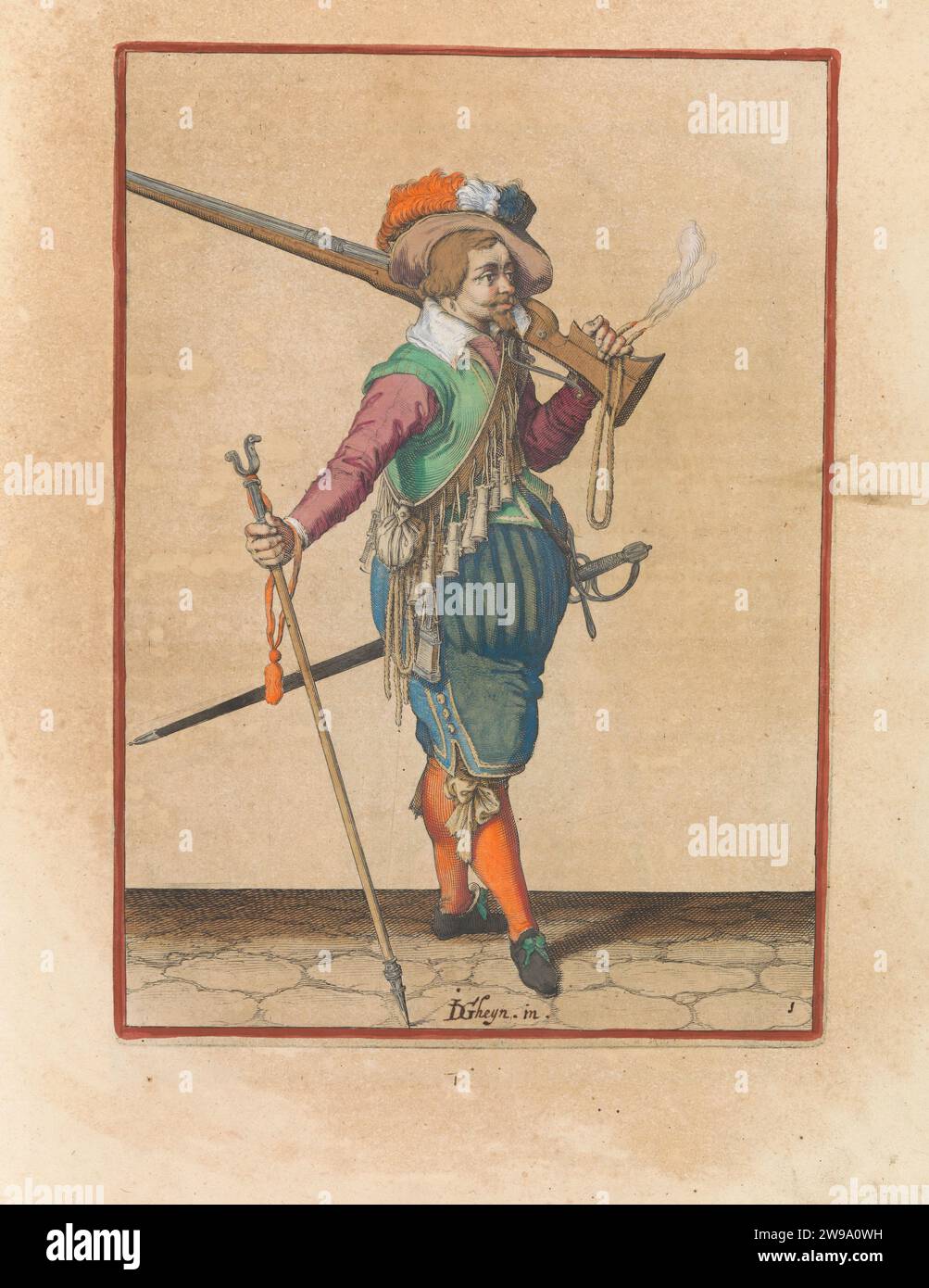 Soldier who wears his musket on his left shoulder and holds his furks ...