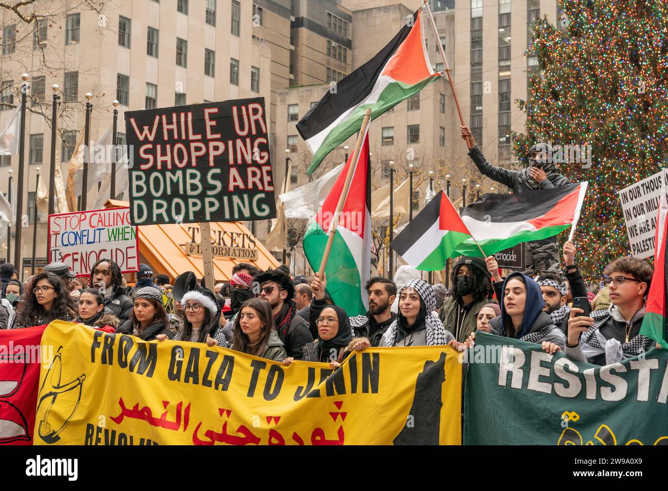 Hundreds of pro-Palestinian protesters rally on Rockefeller plaza and ...