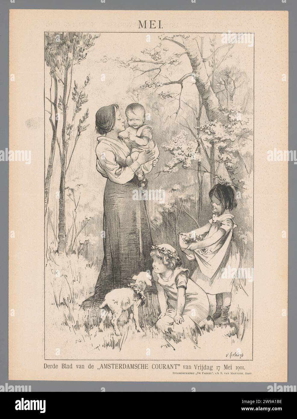 May, Petrus Van Geldorp, 1901 print Amsterdam paper mother and baby or ...