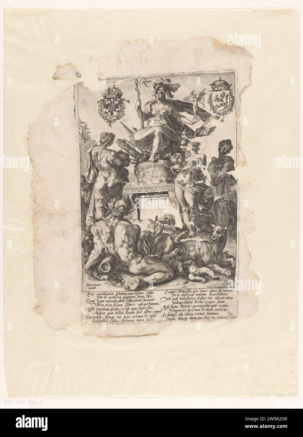 Allegorie op Rome, anonymous, after Hendrick Goltzius, 1586 - 1596 print The goddess Rome ...