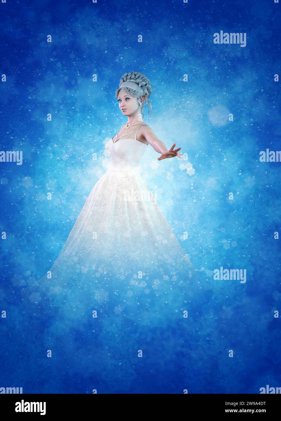 Fantasy elf girl in white dress over decorative winter background with ...