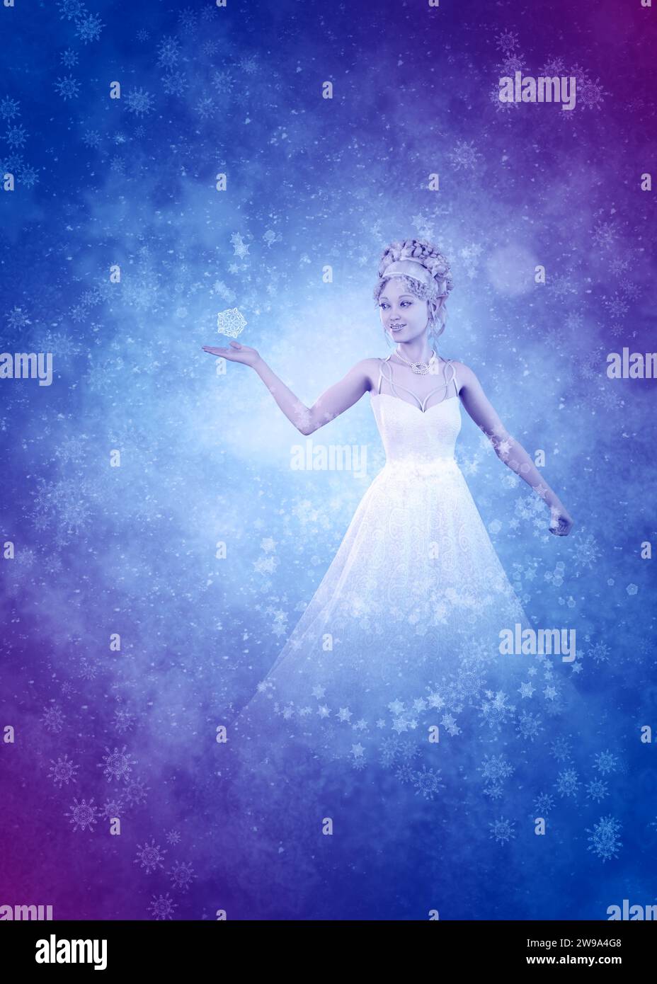 Fantasy elf girl in white dress over decorative winter background with ...