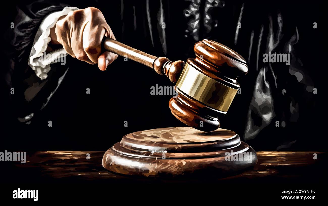 Judges Hand Striking Gavel in Courtroom. Illustration of Solemn and ...