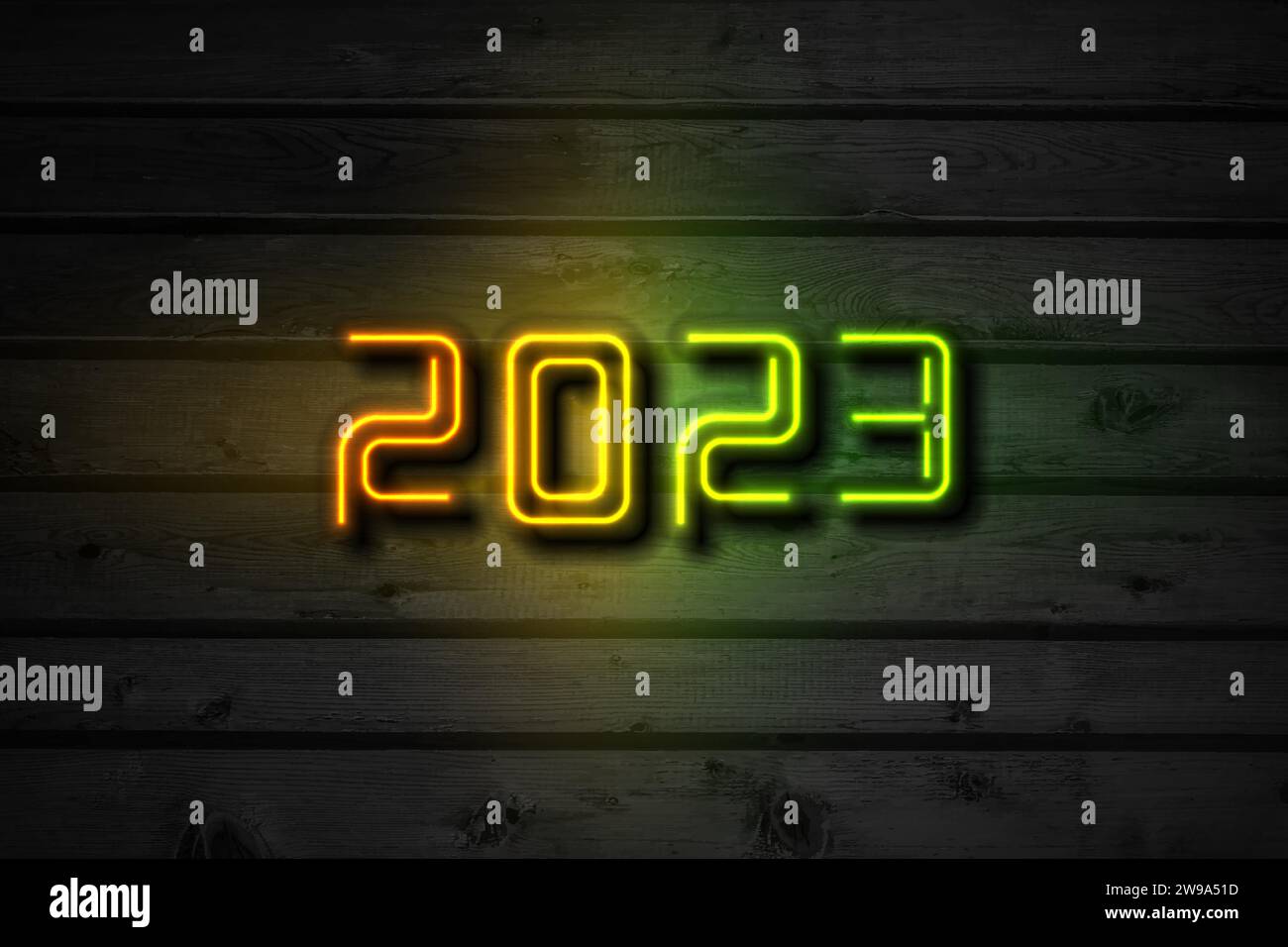 Neon New Year 2023 lettering on grunge wooden abstract background ...