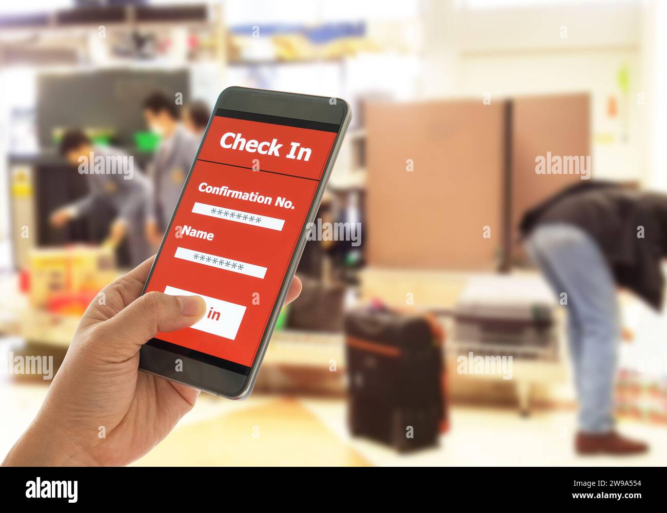 Using mobile smart phone Check In Airport Flight. Traveling Concept ...