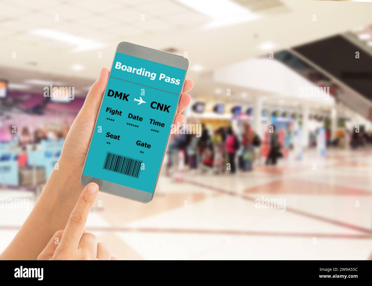 Using mobile smart phone Check In Airport Flight. Traveling Concept ...