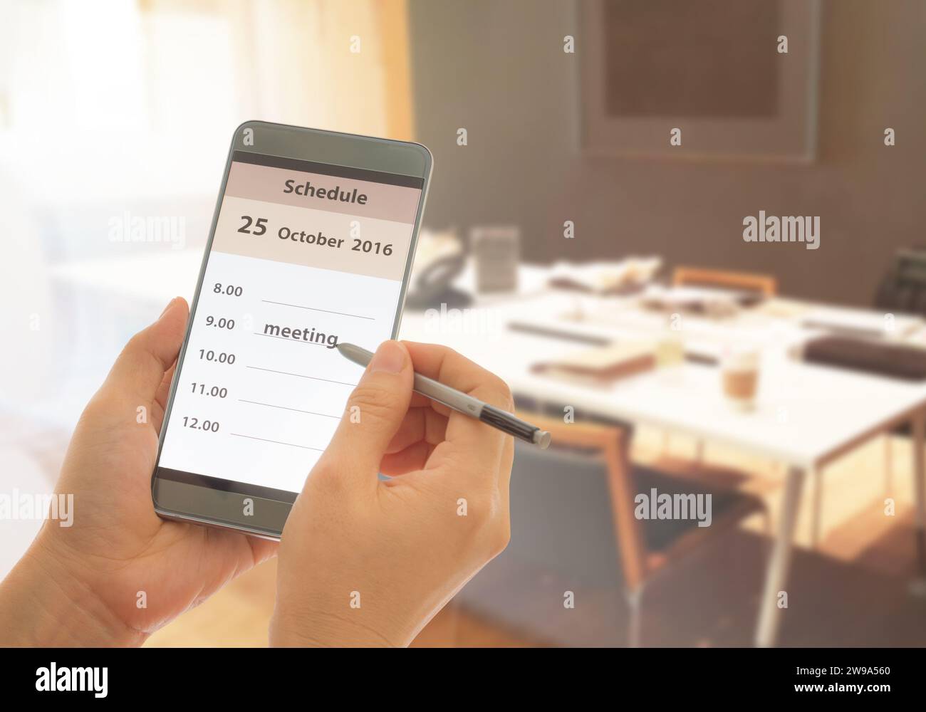 The mark on your smart phone with pen-style at a blank schedule on the ...