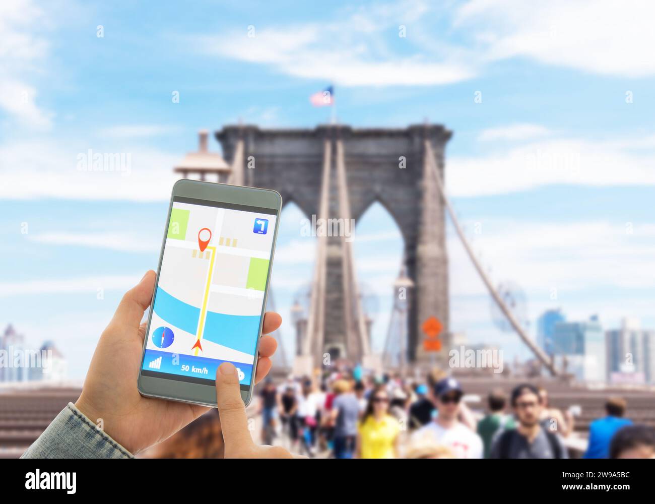 Using the navigation system or GPS smartphone mobile phone to navigate to your destination Stock ...