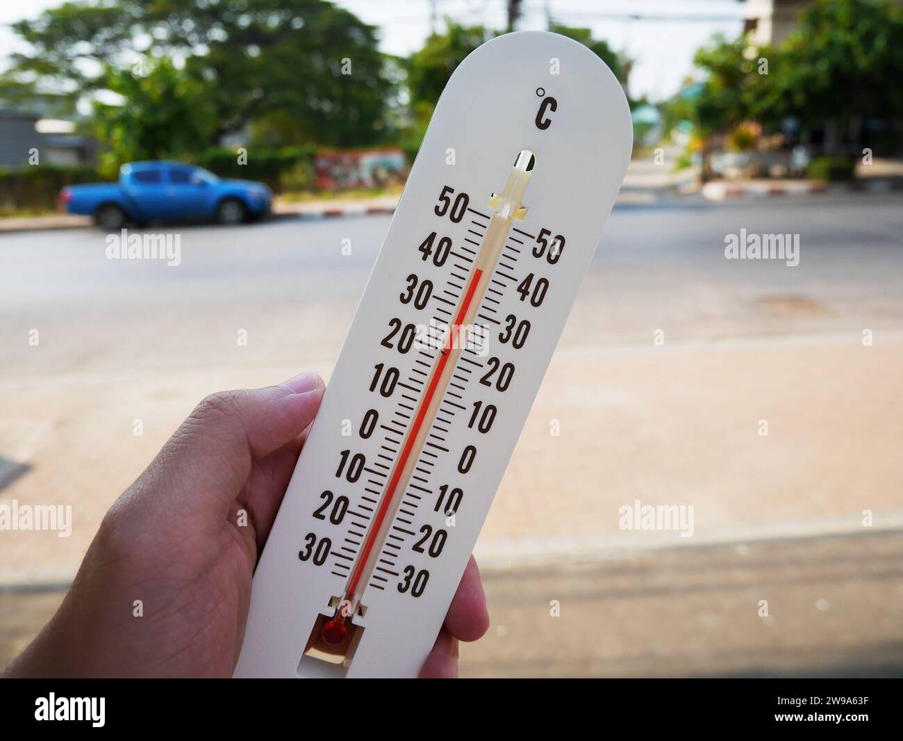 hand hold thermometer showing temperature in degrees Celsius, Hot ...