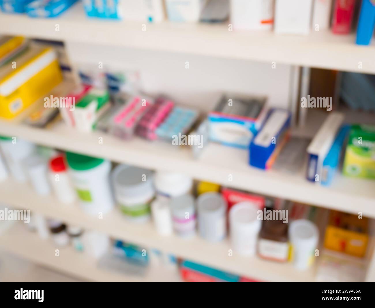 Close up of medicine bottles on shelves of drugs in the pharmacy store ...