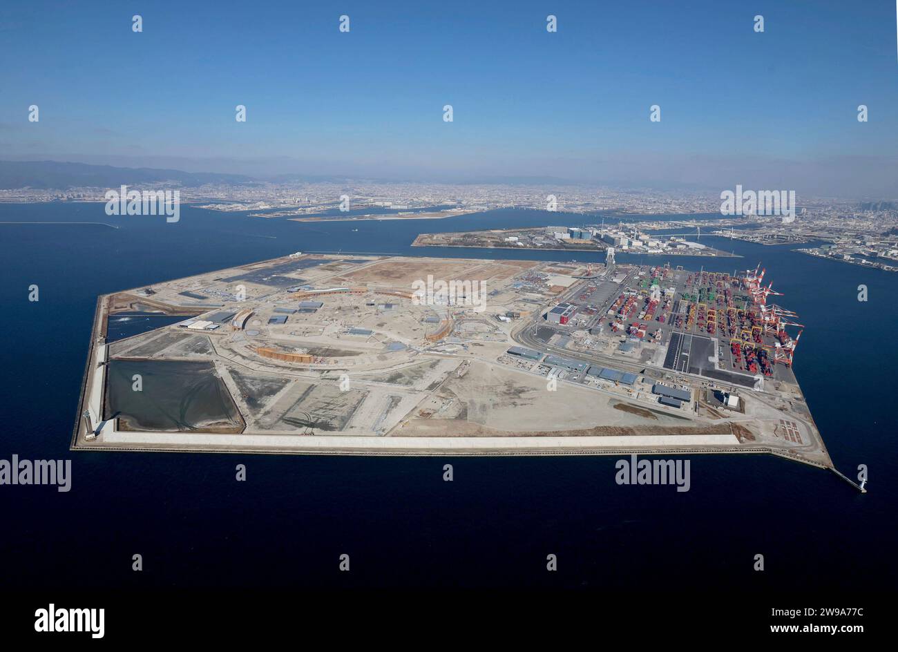 An aerial photo shows Yumeshima, an artificial island located in Osaka ...