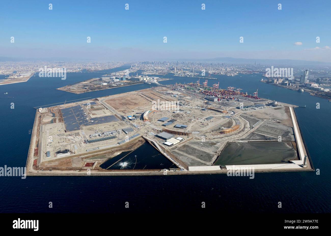 An aerial photo shows Yumeshima, an artificial island located in Osaka ...