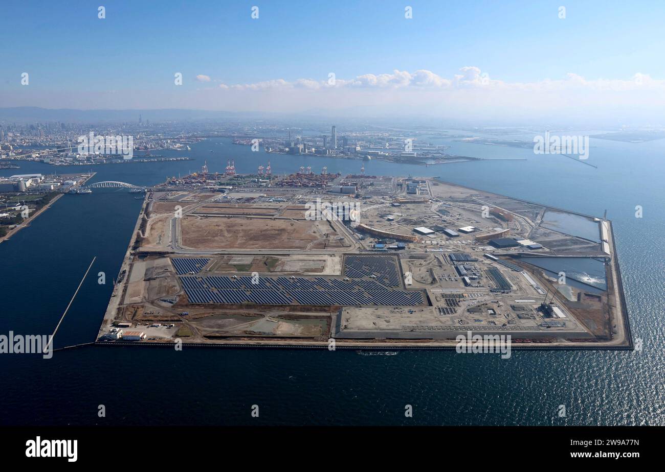 An aerial photo shows Yumeshima, an artificial island located in Osaka ...