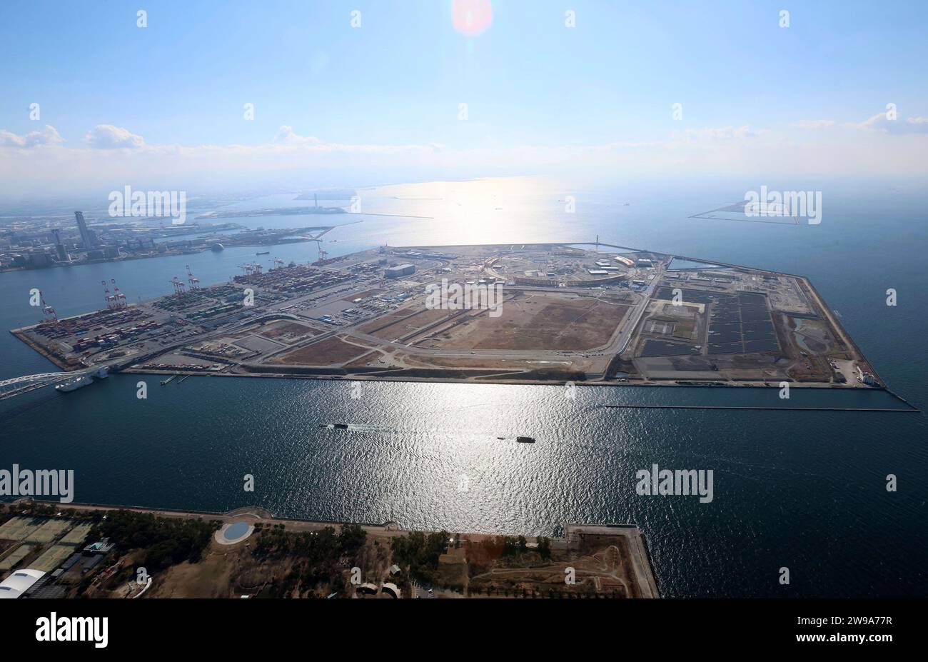 An aerial photo shows Yumeshima, an artificial island located in Osaka ...