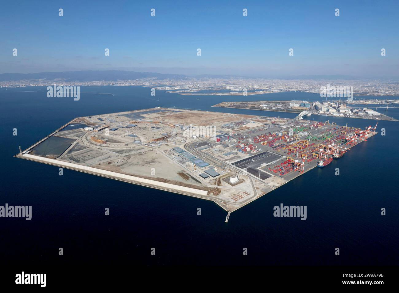 An aerial photo shows Yumeshima, an artificial island located in Osaka ...