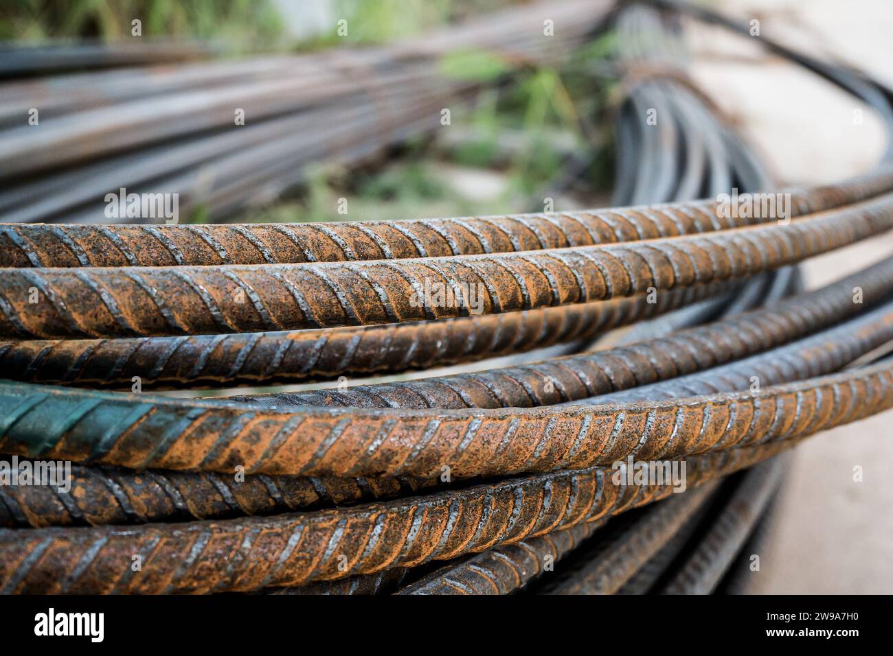 Deformed steel bars for reinforce concrete, metal texture close up ...
