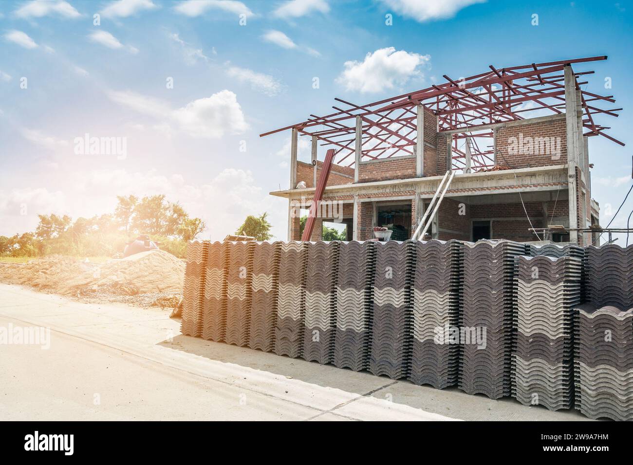 stack of roof tiles for building new house at construction site Stock ...