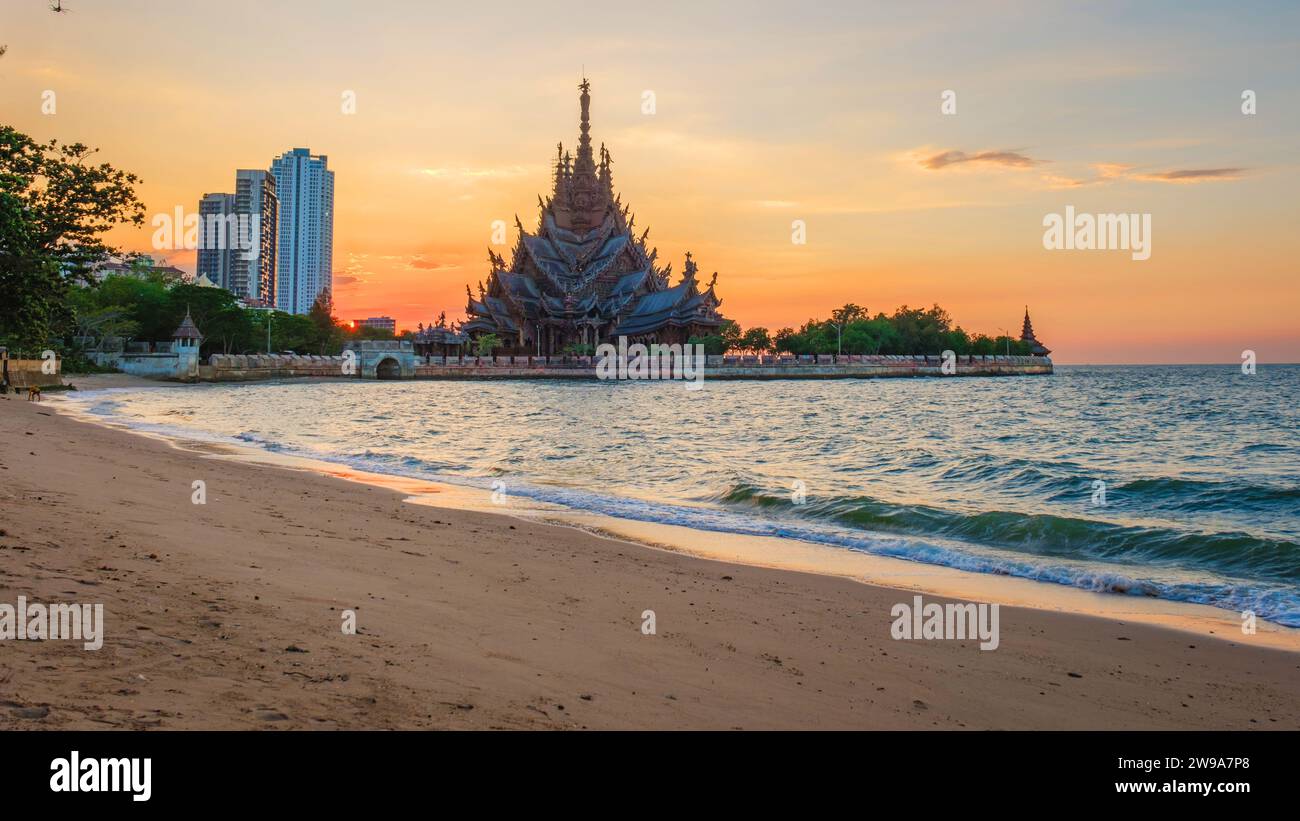 The Sanctuary of Truth wooden temple in Pattaya Thailandat sunset on ...