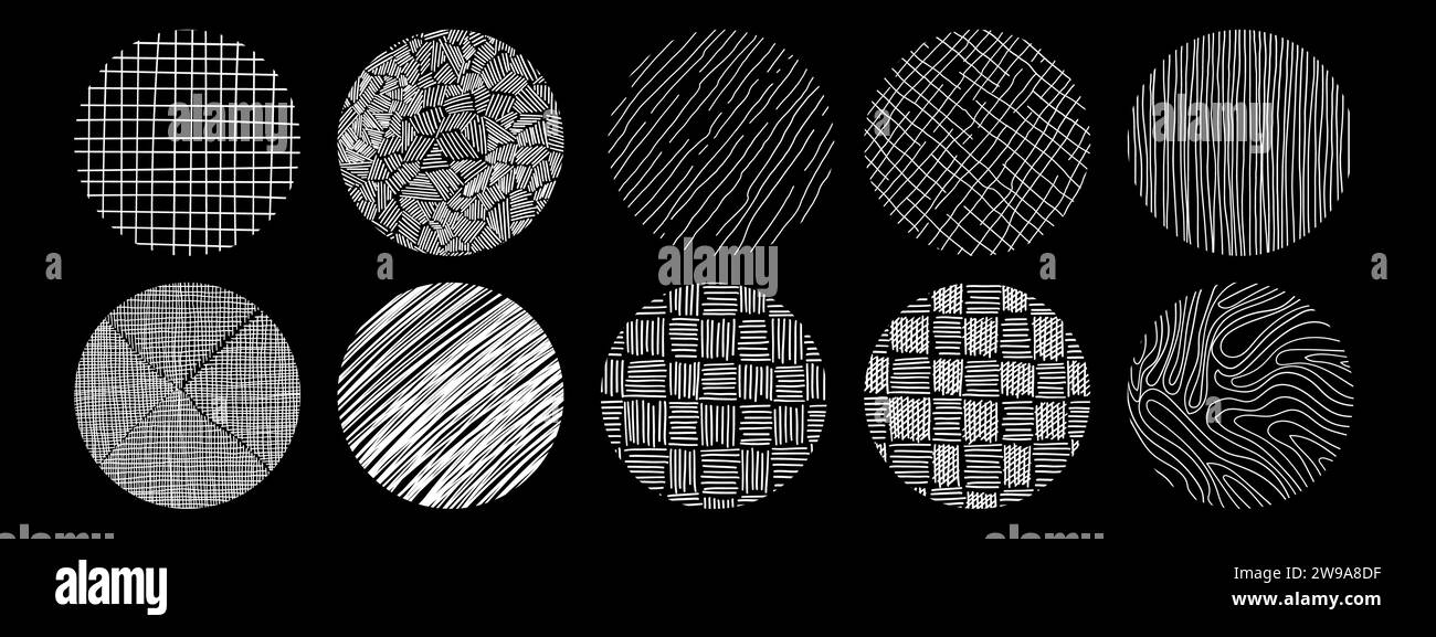 Circle textures with different hand drawn patterns. Crosshatch, wood ...
