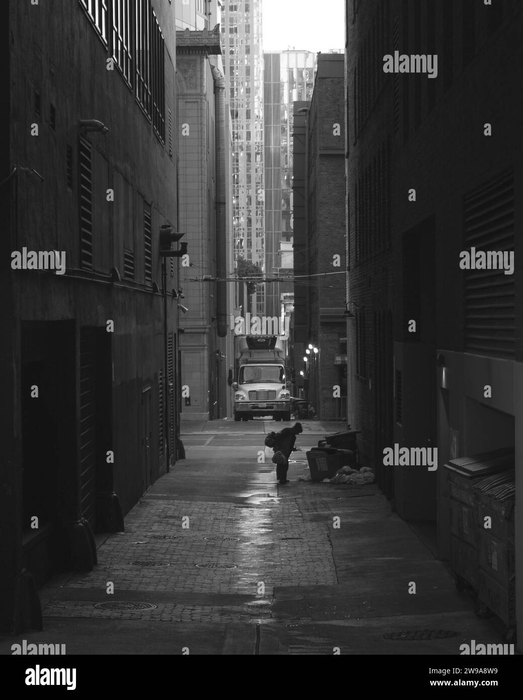 A grayscale of a narrow alleyway of Seattle, Washington, USA Stock ...