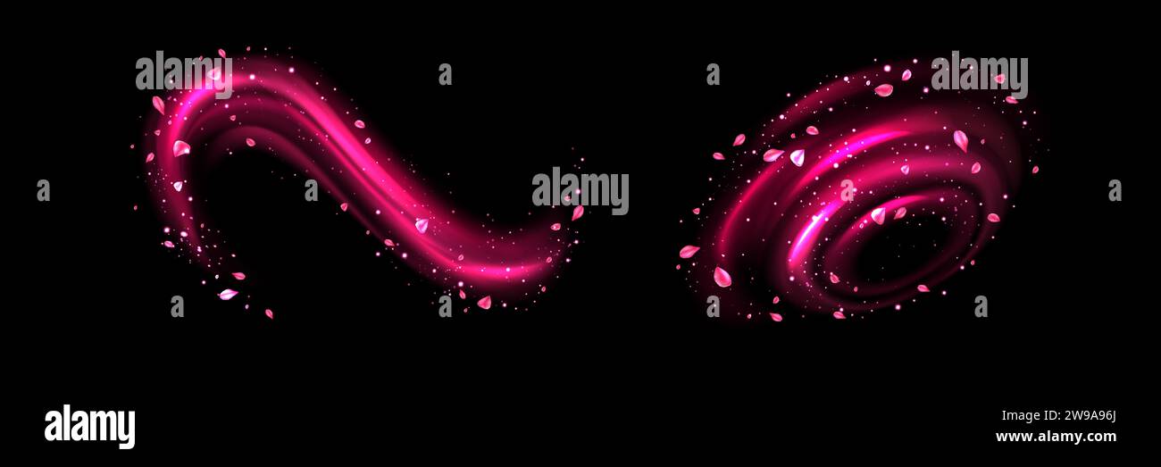 Pink light circular neon elements with swoosh effect and flower petals ...