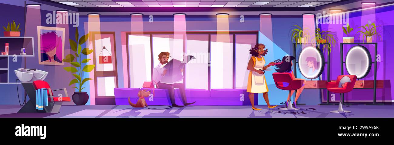 Hairdresser making hairstyle for woman in beauty salon. Vector cartoon ...