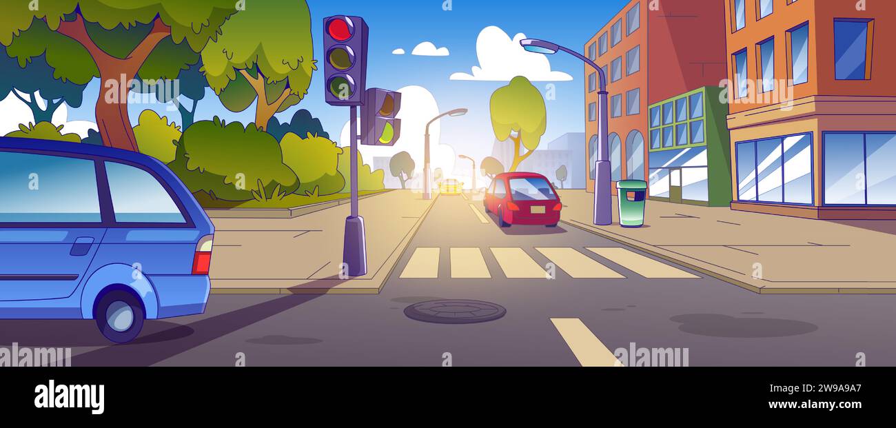 Cars drive along road in city center with high rise buildings and ...