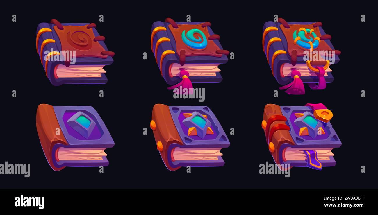 Magic spell books set with game level symbols isolated on background ...