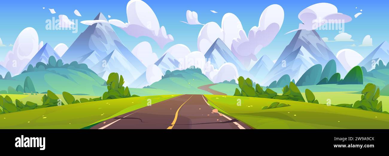 Empty road among field and meadow with green grass and trees, mountains ...