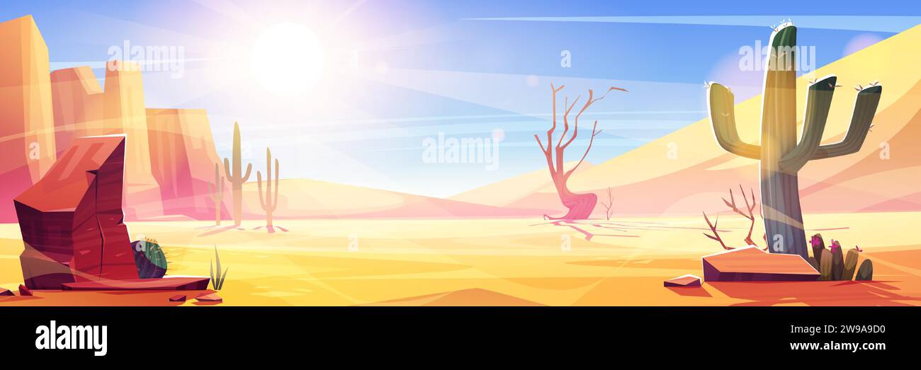 Arizona desert landscape with brown rock, sand dune hills, green cactus ...