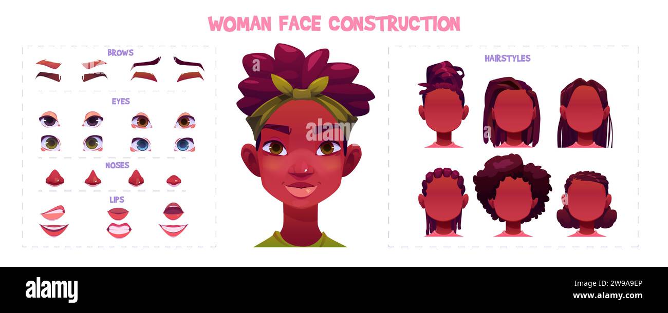 African american woman face construction kit. Cartoon vector facial ...