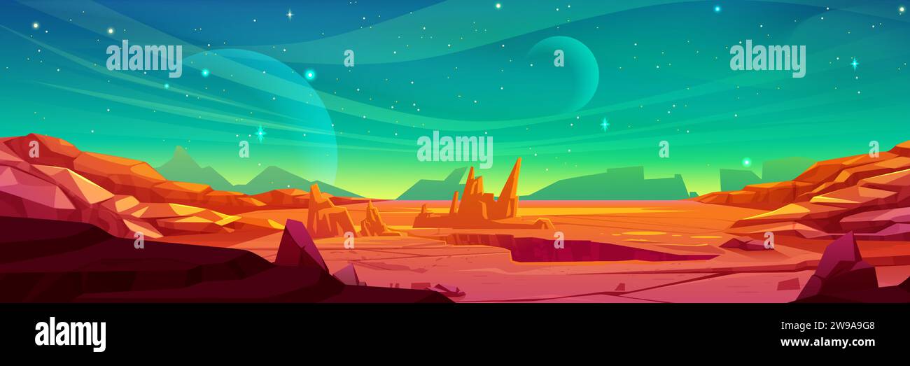 Alien planet scenery with red terrain under nighttime sky with stars ...