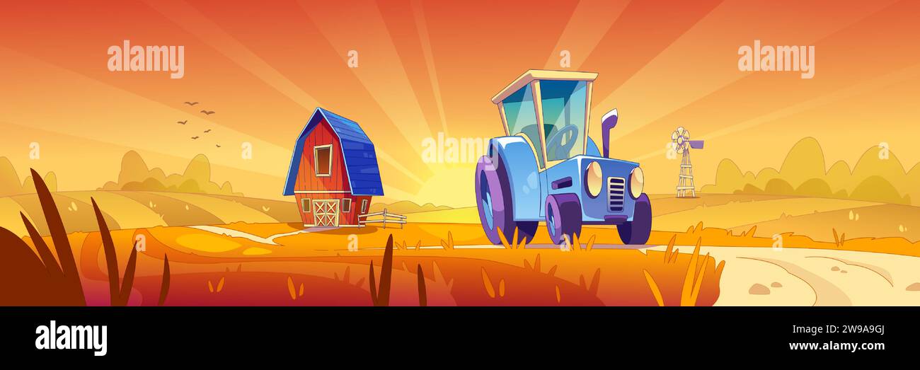 Cartoon autumn farm landscape with red wooden barn, blue tractor on ...