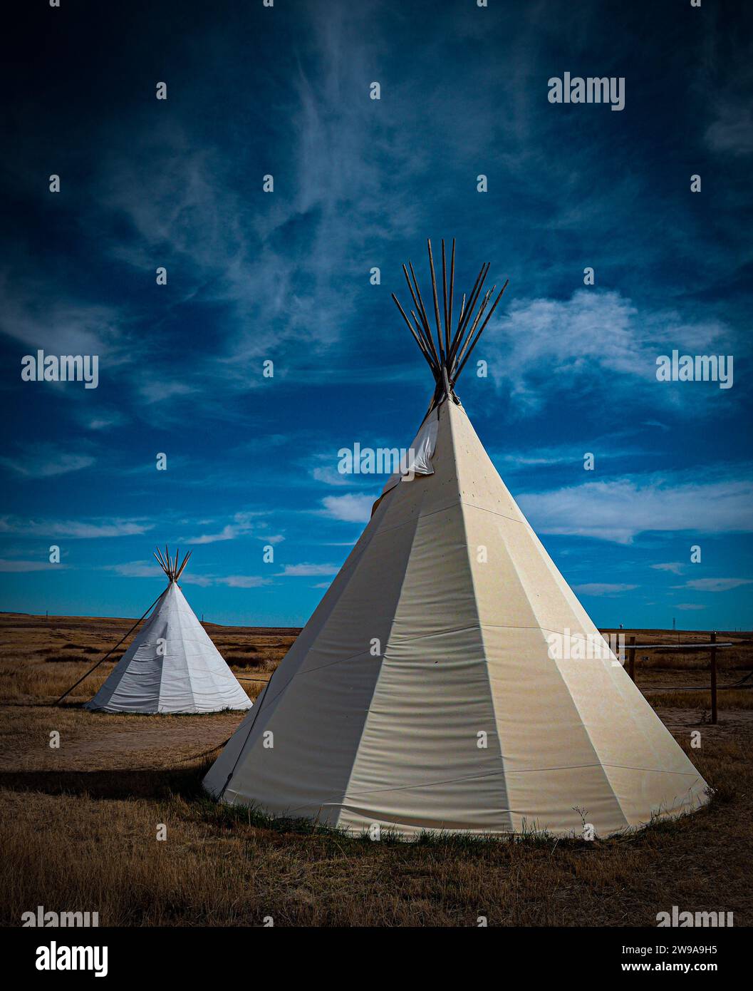 A vertical of white tents in an open meadow under the blue sky Stock ...