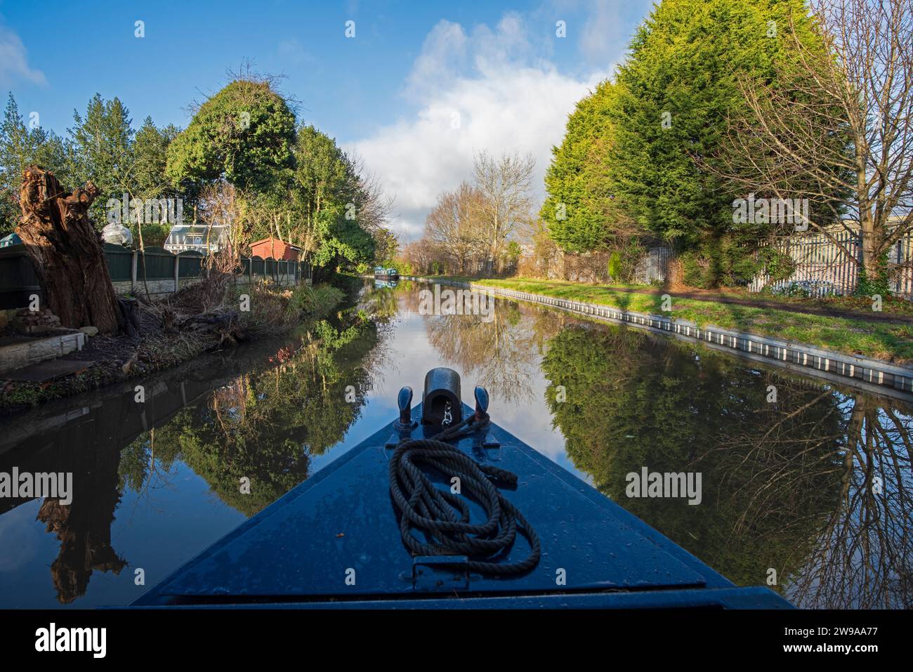 View from a narrowboat travelling in English rural countryside scenery ...