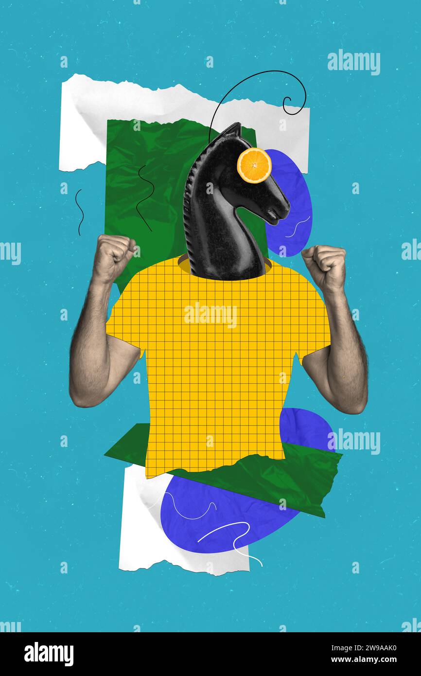 Strange unusual collage template of freak person with chess knight ...