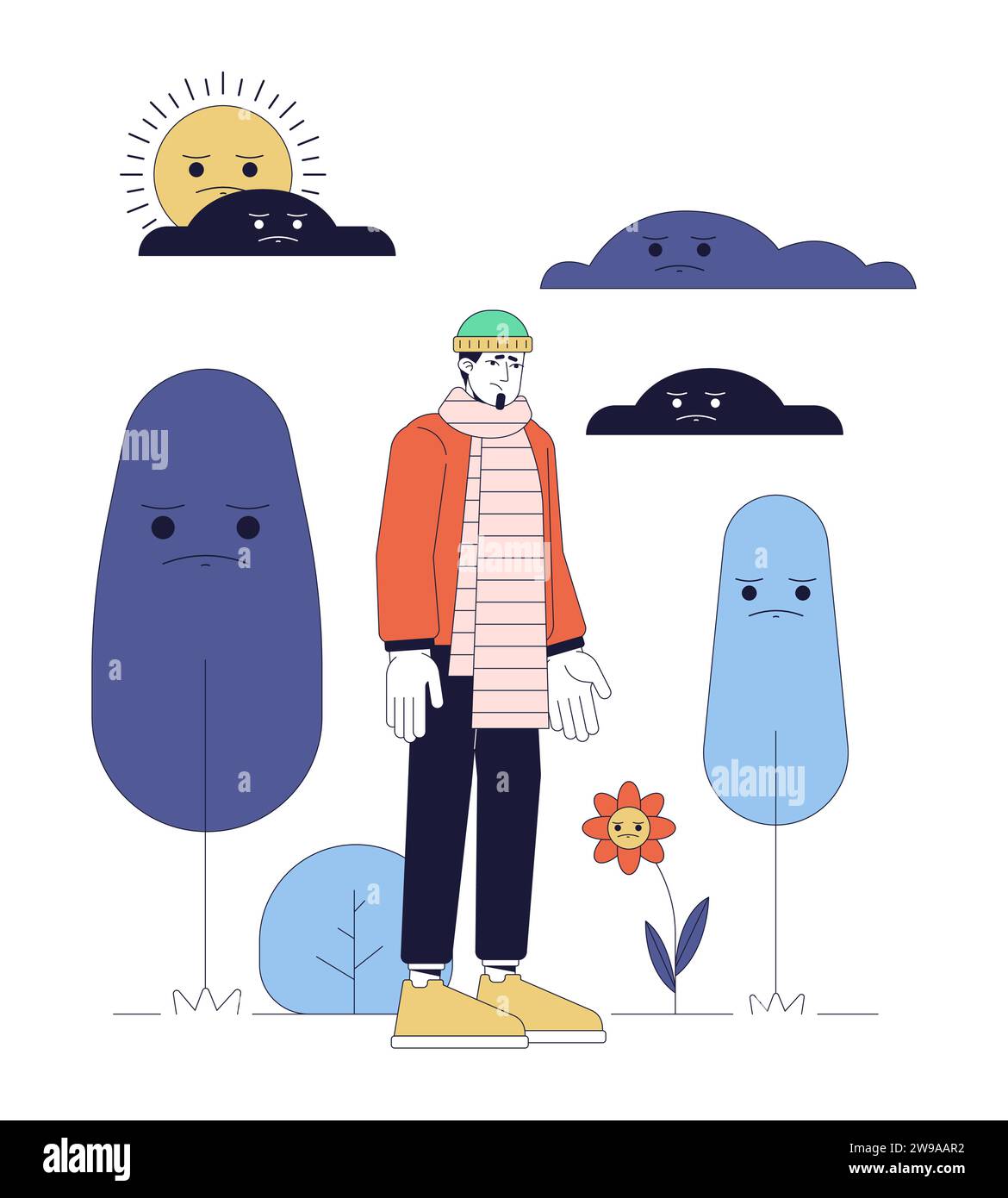 Depressed mood on gloomy day 2D linear illustration concept Stock ...