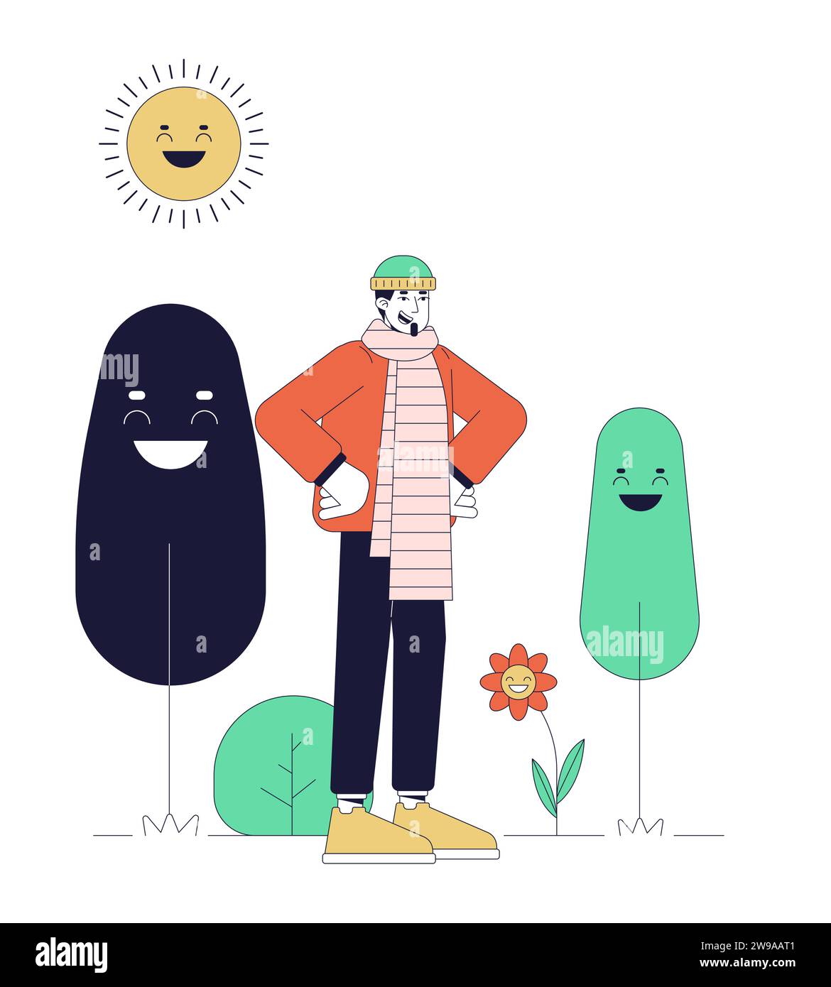 Good mood on winter sunny day 2D linear illustration concept Stock ...