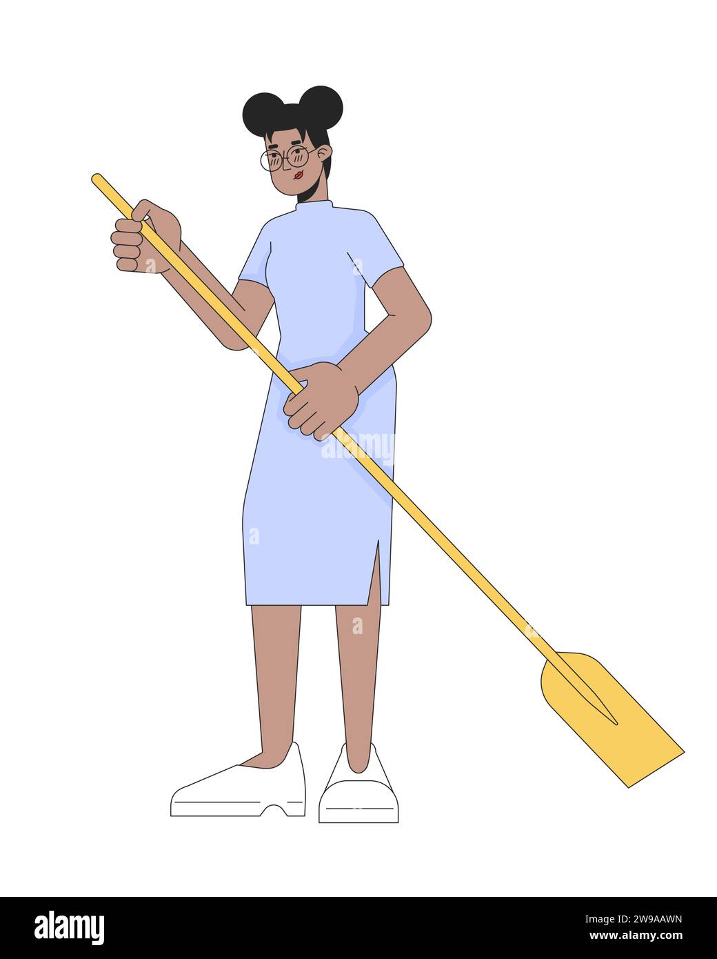 Formal wear black young woman holding paddle 2D linear cartoon ...