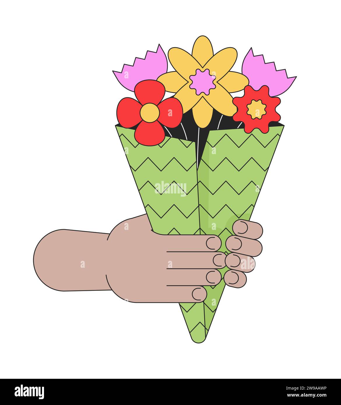 Holding bunch of flowers linear cartoon character hands illustration ...